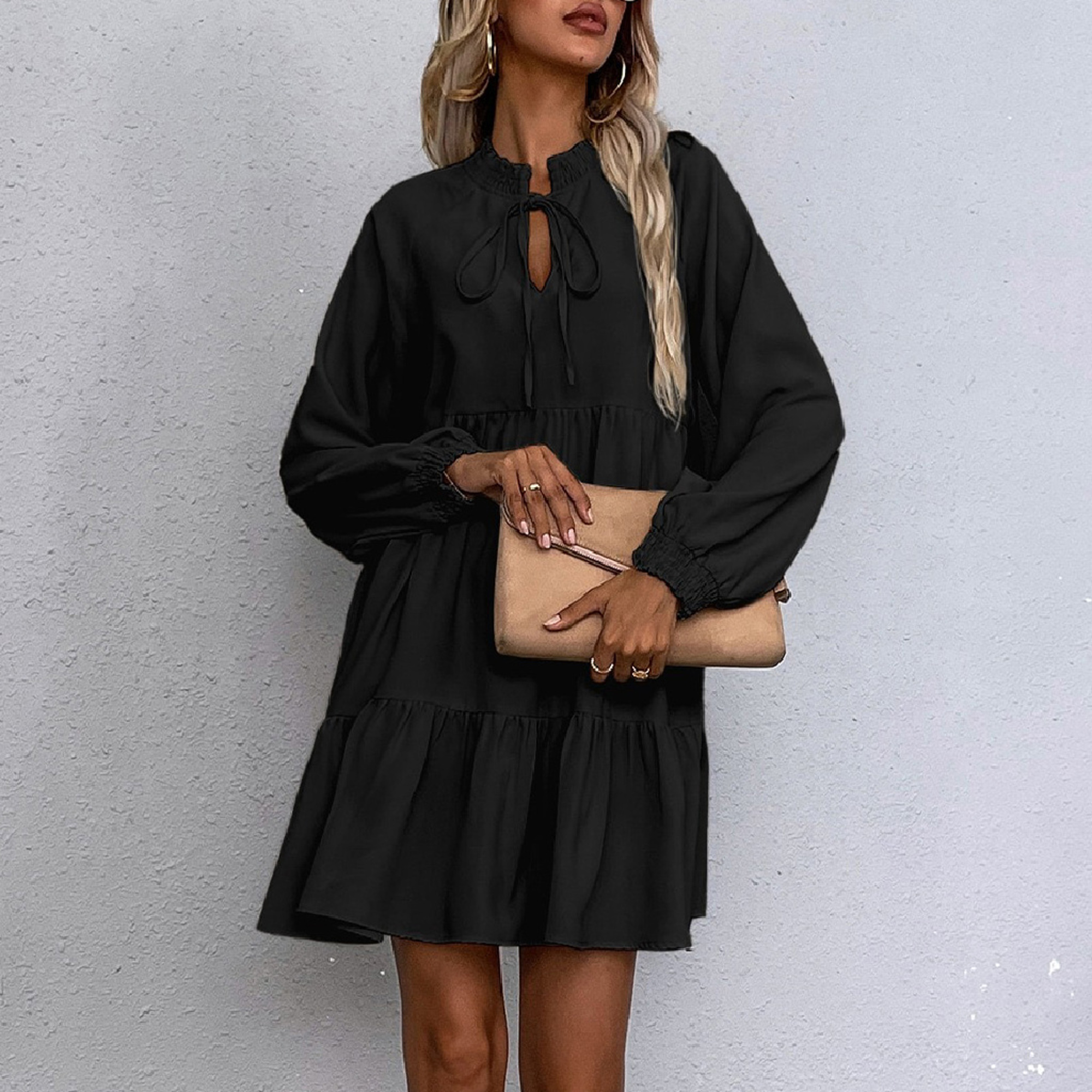 HIDDEN GEMS | Ruffle Tied-Neck Puff Sleeve Dress | Jane.com